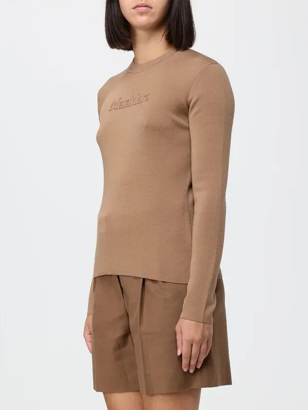 Max Mara Slim Fit Pure Virgin Wool Crewneck Jumper With Tonal Logo - Brown