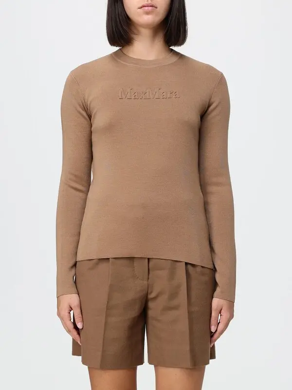 Max Mara Slim Fit Pure Virgin Wool Crewneck Jumper With Tonal Logo - Brown