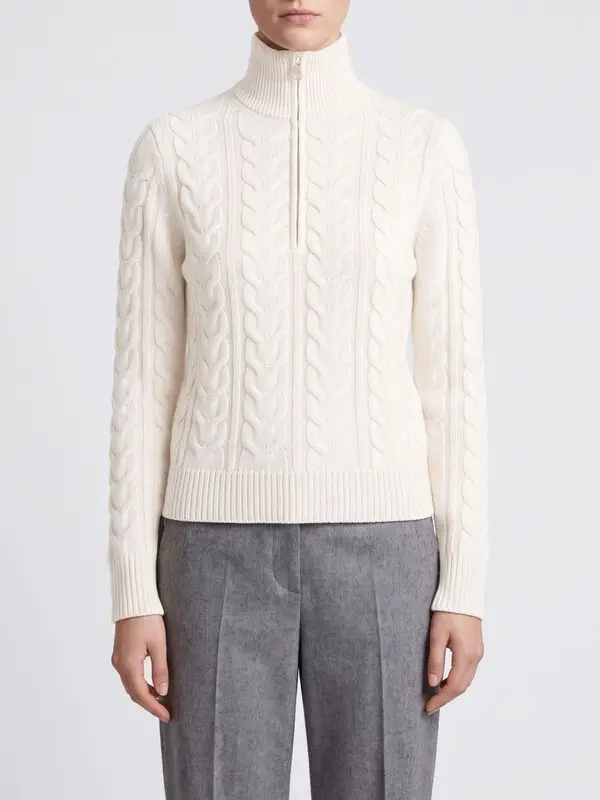 Max Mara Slim-fit Half-zip Turtleneck Jumper In Pure Cashmere With Ribbed Trim - White