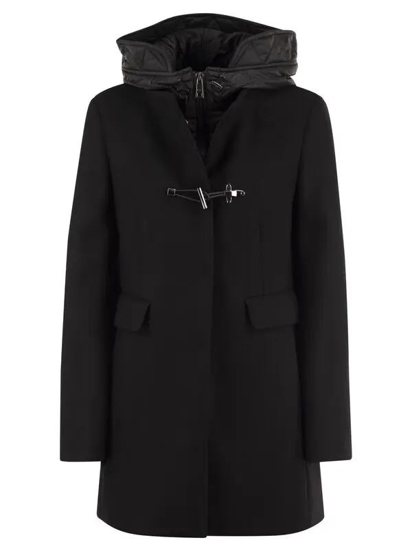 FAY Virgin Wool And Cashmere Blend Coat With Padded Hood - Black