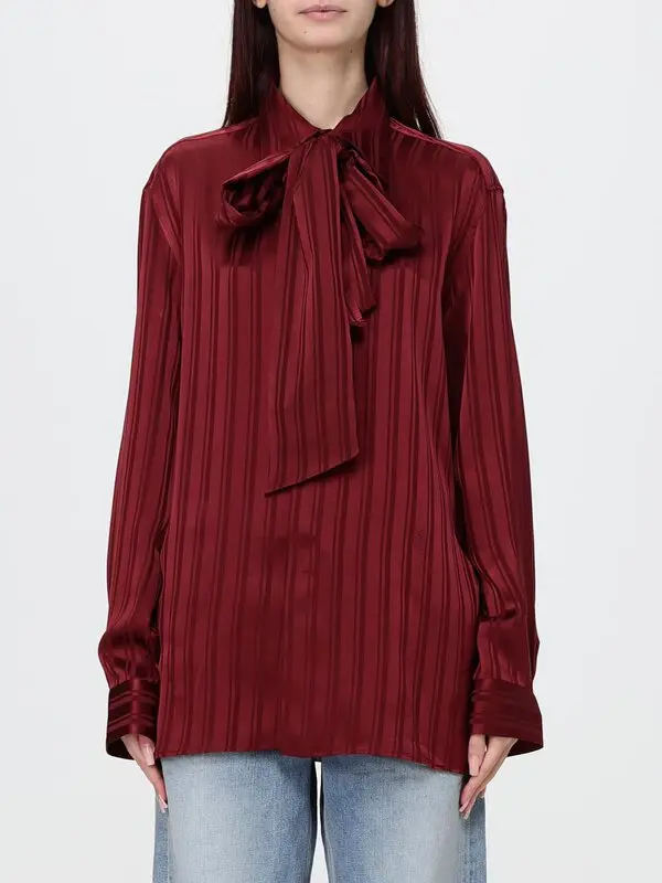 Saint Laurent Striped Pure Silk Pussy-bow Blouse - Red