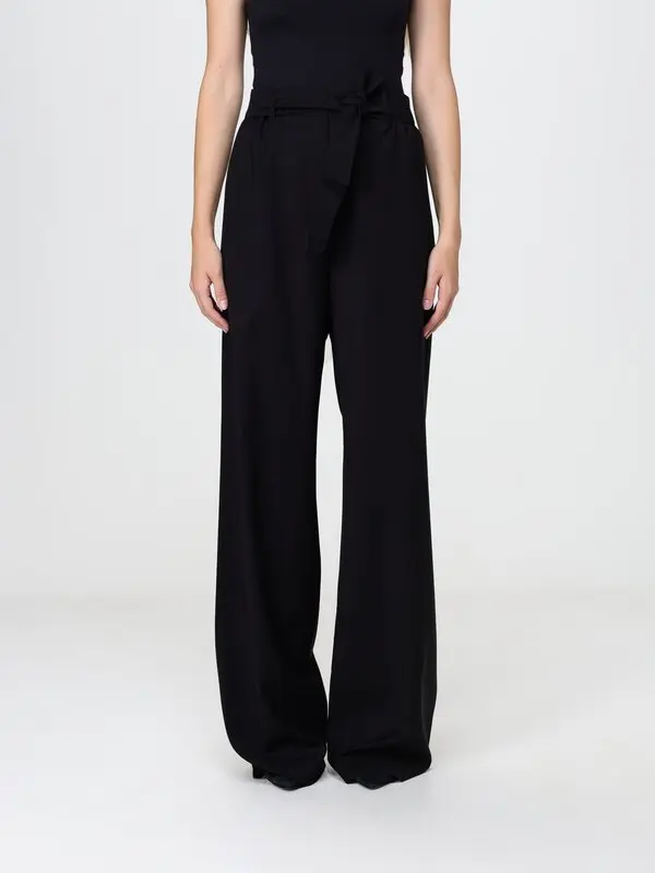 Max Mara Wide Leg Virgin Wool Trousers With Tie Belt At The Waist - Black