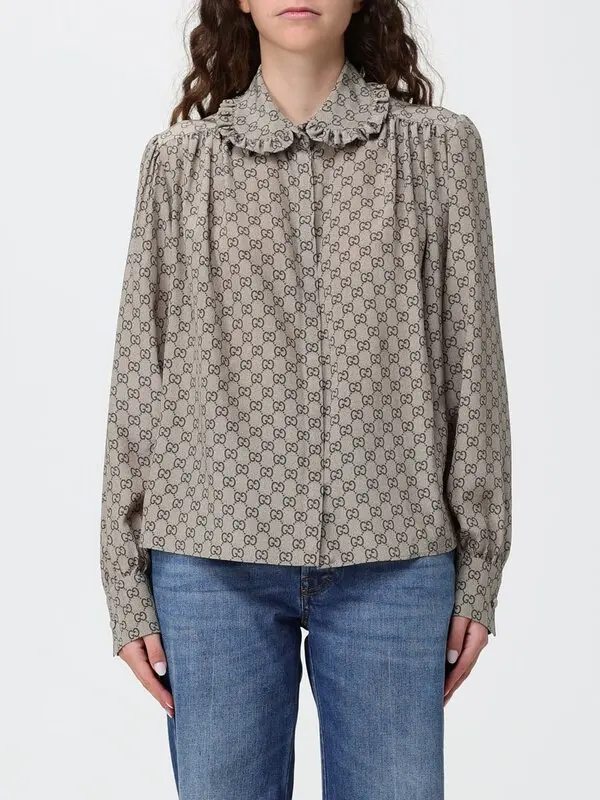Gucci Gg Motif Silk Shirt With Peter Pan Collar - Cream