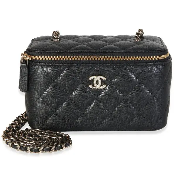 Chanel Quilted Caviar Crystal Cc Vanity Case With Chain - Black