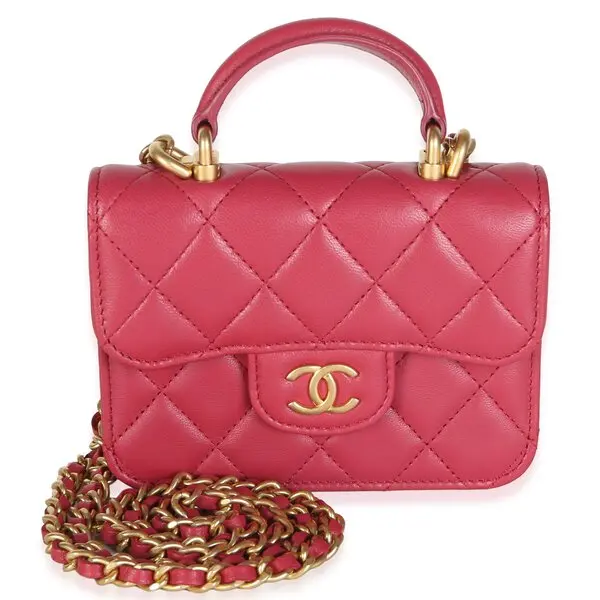 Chanel Dark Quilted Lambskin Top Handle Flap Coin Purse With Chain - Pink