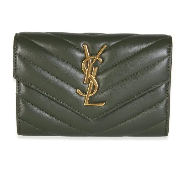 Saint Laurent Olive Wood Nappa Matelasse Chevron Monogram Envelope Wallet