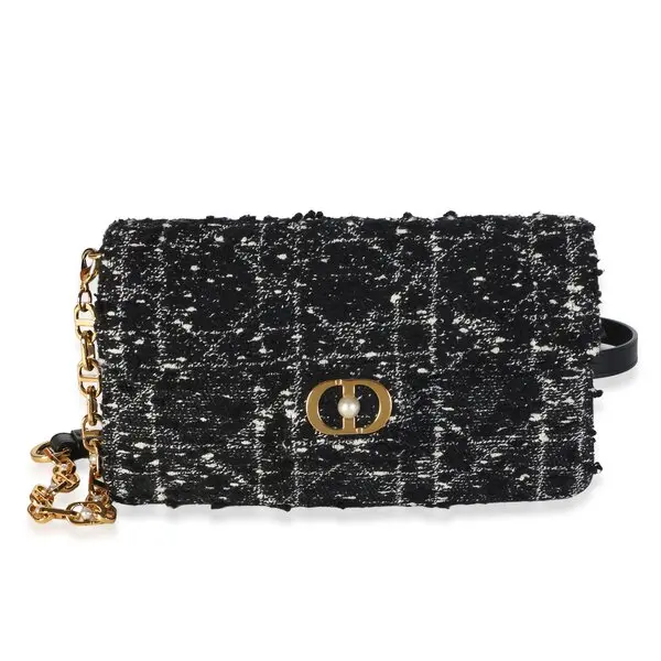Dior White Tweed Cannage Jolie Chain Bag - Black