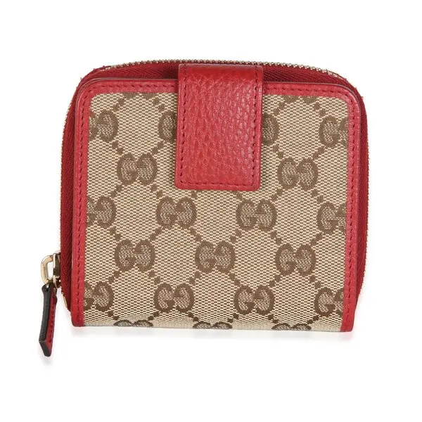 Gucci Beige Gg Canvas Dollar Calfskin Zip Around French Flap Wallet - Red