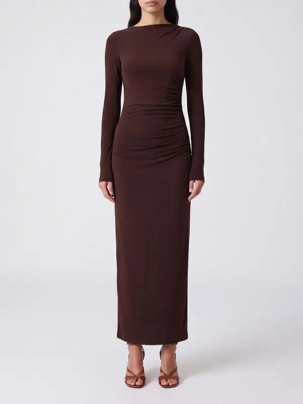 Andamane Asymmetric Neckline Long Jersey Gown With Slim Fit - Brown