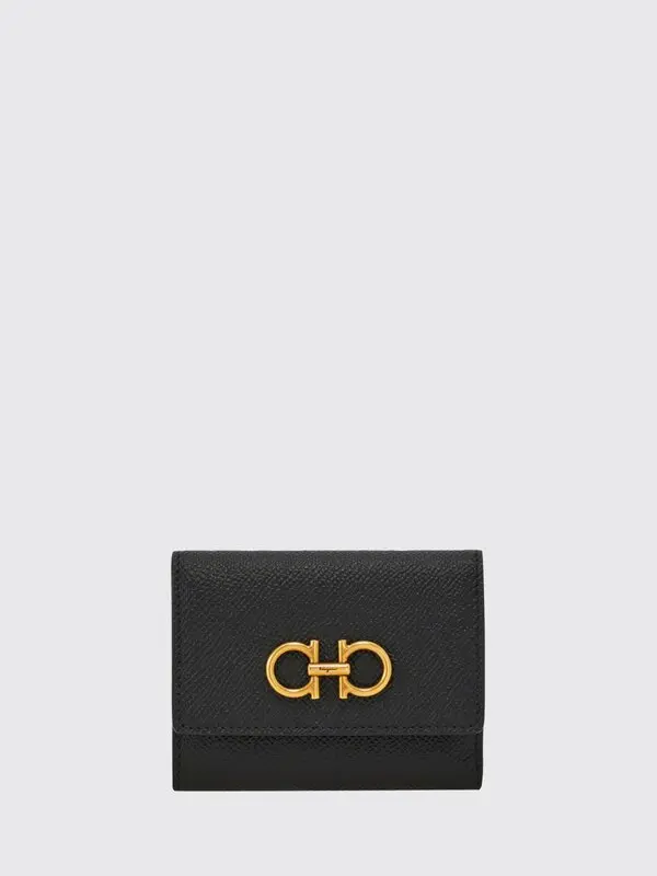 FERRAGAMO Gancini Hammered Calf Leather Tri-fold Wallet - Black