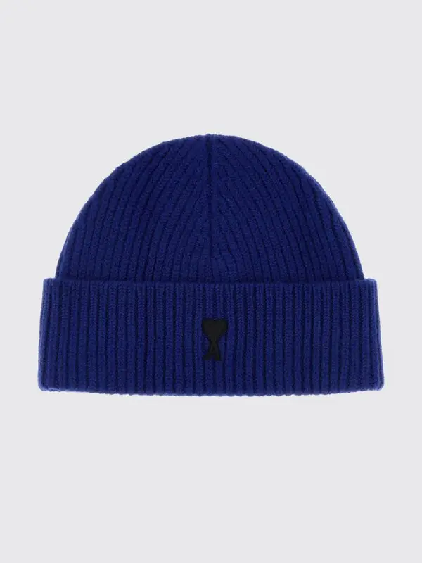 AMI Paris Beanie In Pure Virgin Wool With Cuff And Contrast Logo - Blue
