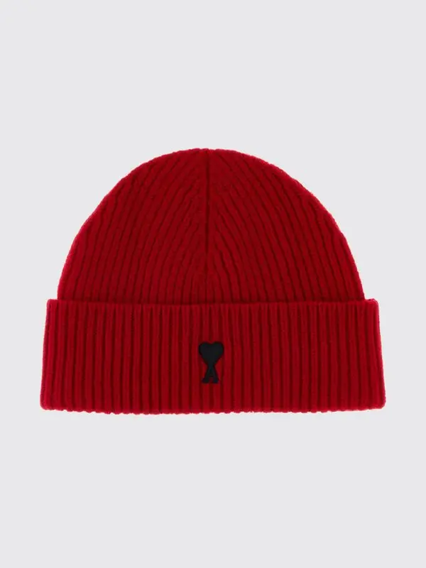 AMI Paris Beanie In Pure Virgin Wool With Cuff And Contrast Logo - Red
