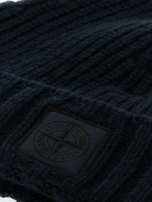 Stone Island Pure Cashmere Beanie Hat With Cuffed Hem And Logo Patch - Navy
