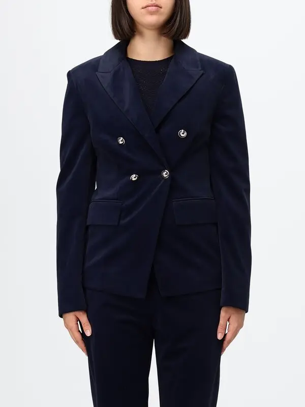 TWINSET Double-breasted Velvet Blazer With Padded Shoulders - Blue