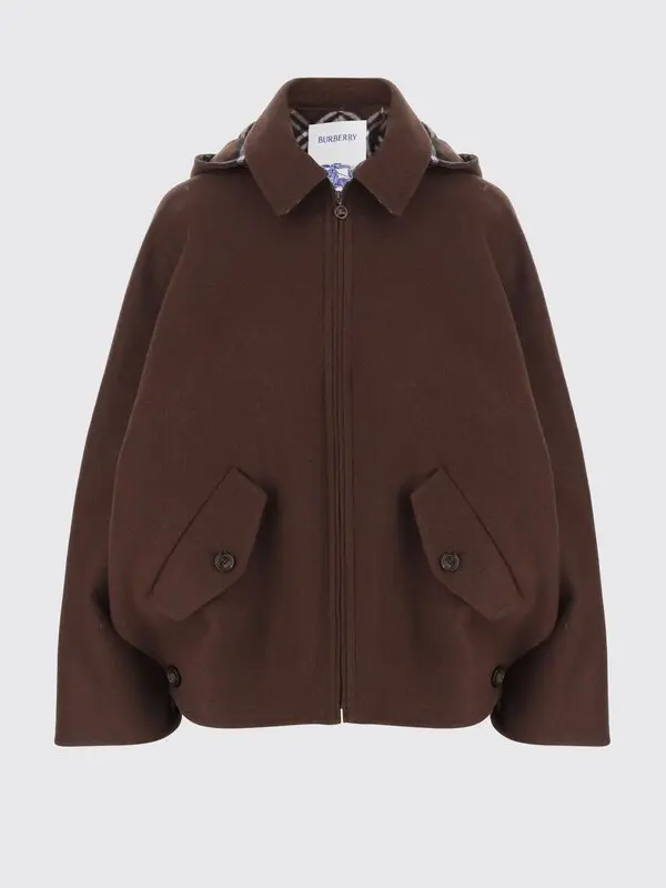 Burberry Hooded Single-breasted Short Wool Coat With A Relaxed Fit - Brown