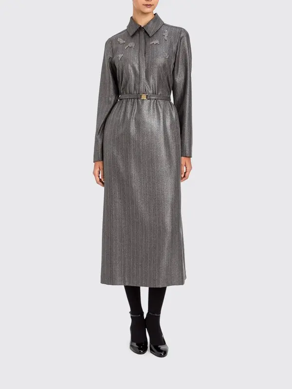 TWINSET Belted Pinstripe Midi Shirt Dress In Viscose Blend - Charcoal