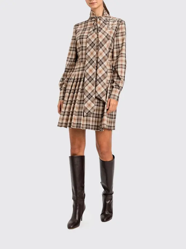 TWINSET Check Print Mini Shirtdress With Pussy-bow Collar