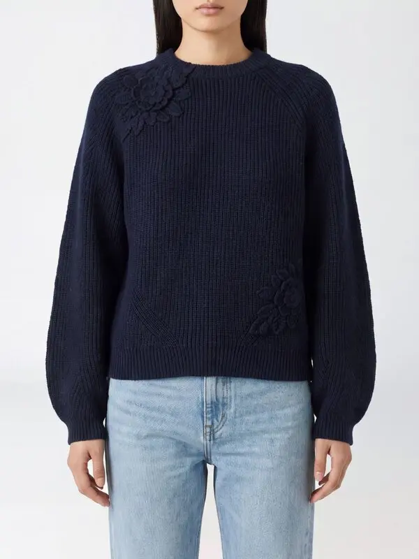 TWINSET Wool Blend Crewneck Jumper With Floral Embroidery Appliqu - Blue
