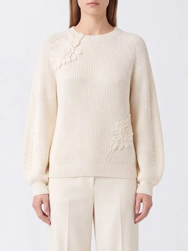 TWINSET Wool Blend Crewneck Jumper With Floral Embroidery Appliqu - White
