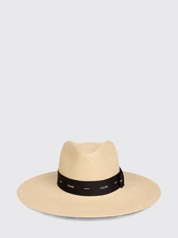 Celine Panama Straw Hat With Wide Brim And Contrast Logo - Black