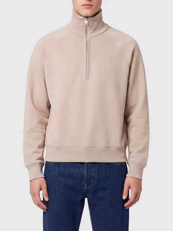 AMI Paris Pure Cotton Sweatshirt With High Neck And Half-zip Closure - Beige