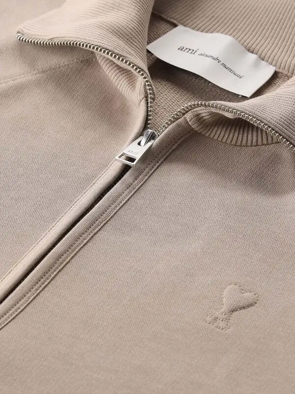 AMI Paris Pure Cotton Sweatshirt With High Neck And Half-zip Closure - Beige
