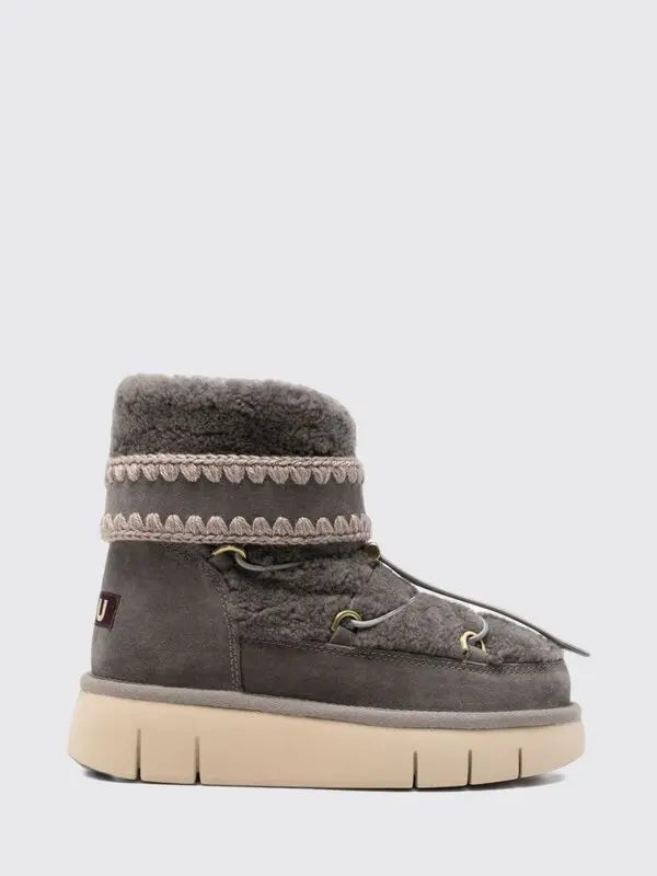Mou Suede Shearling Ankle Boots With Embroidery And Adjustable Drawstring - Grey