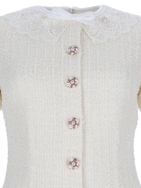 SELF-PORTRAIT Mini Abito Sartoriale In Bouclé Con Inserti In Pizzo - Ivory