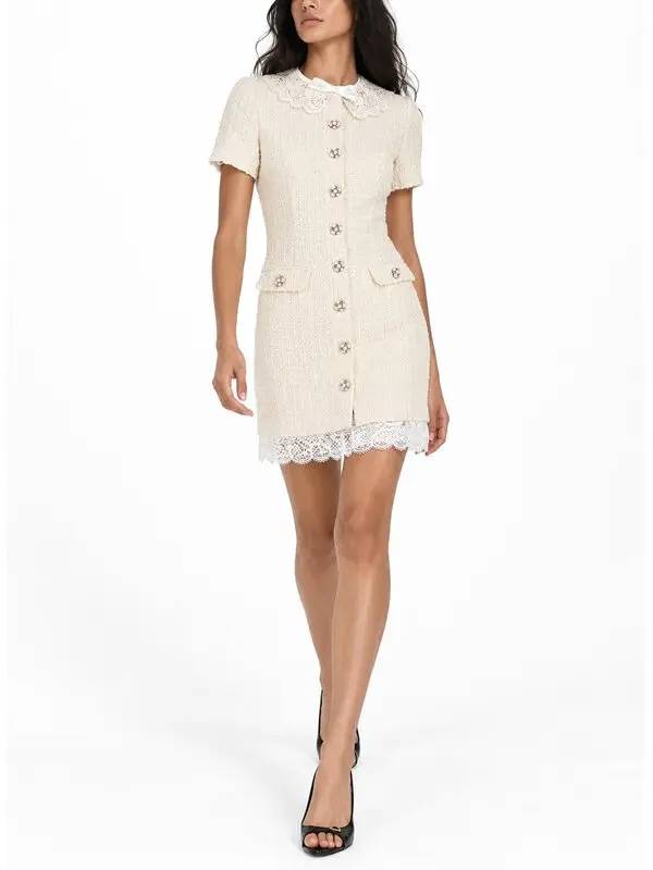 SELF-PORTRAIT Mini Abito Sartoriale In Bouclé Con Inserti In Pizzo - Ivory