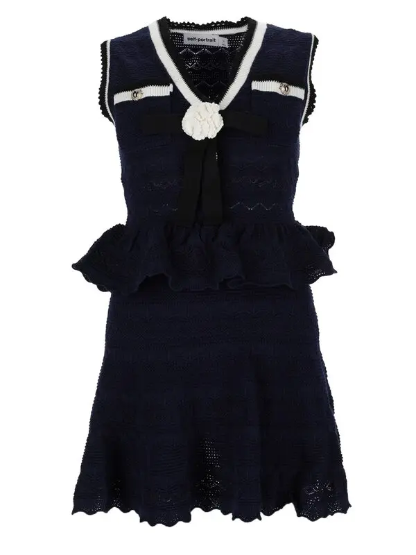 SELF-PORTRAIT Mini Abito In Maglia Traforata Con Volant - Blue