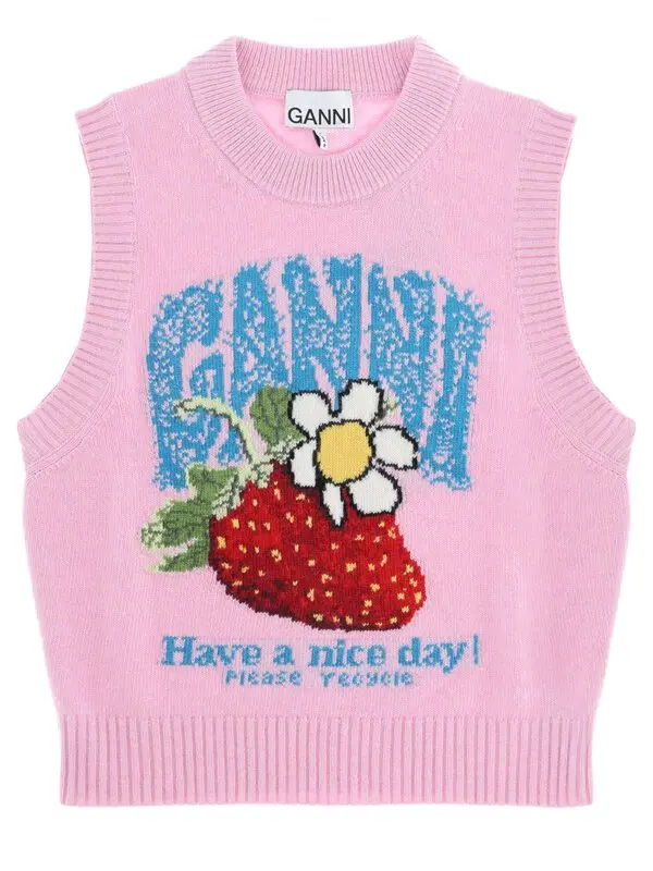 GANNI Gilet In Maglia Con Logo - Pink