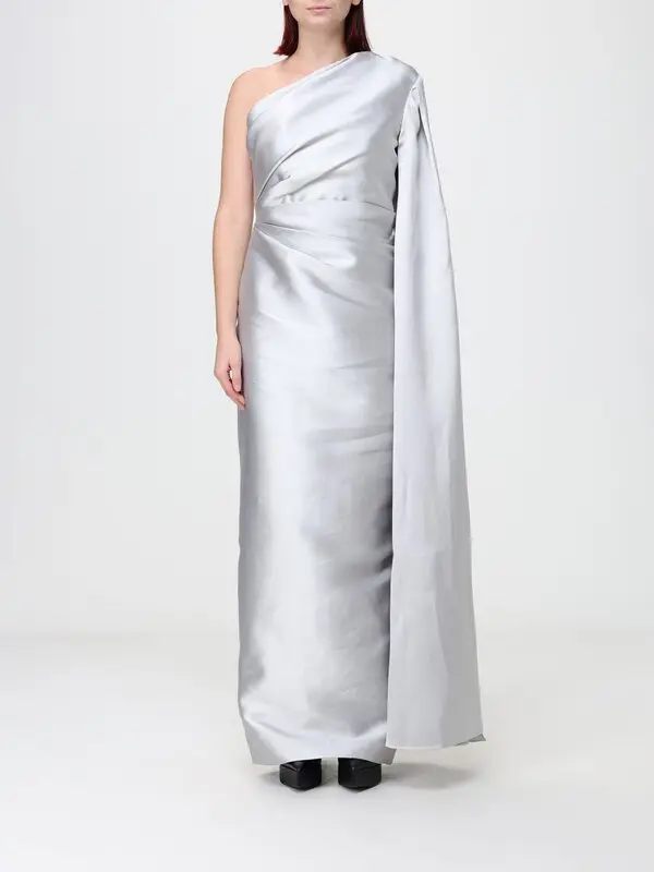 Solace London One-shoulder Long Satin Gown With Draped Waist - Silver