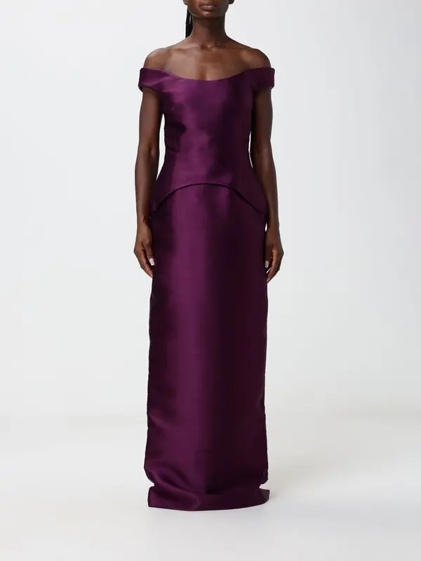 Solace London Off-the-shoulder Satin Gown With A Straight Neckline - Purple