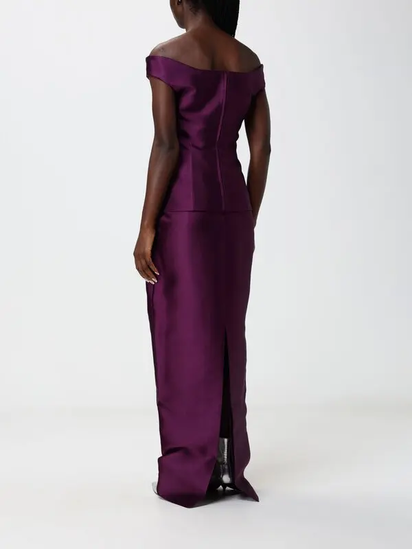 Solace London Off-the-shoulder Satin Gown With A Straight Neckline - Purple