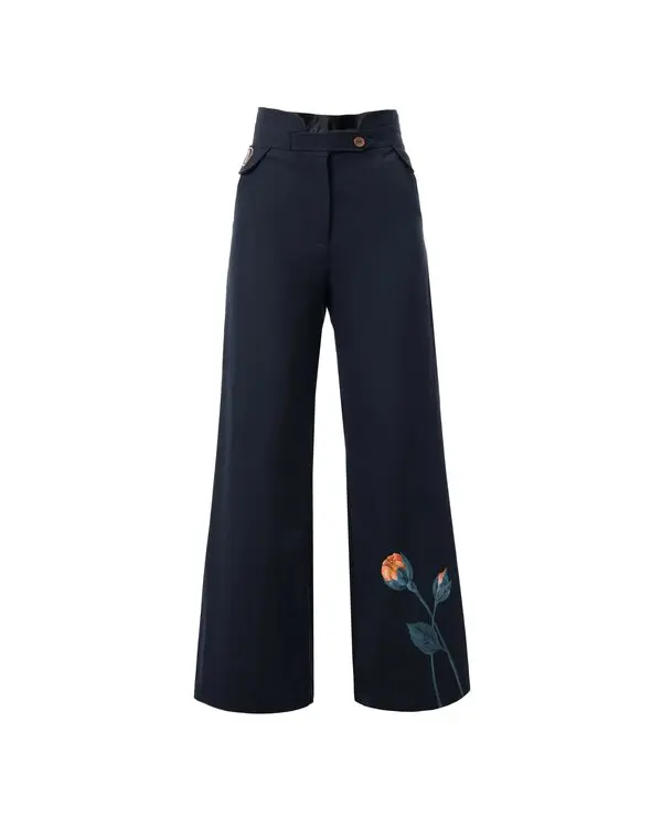 RONDOOZ Hand Painted Cotton Wide Leg Trousers With Hand Applied Embellishment