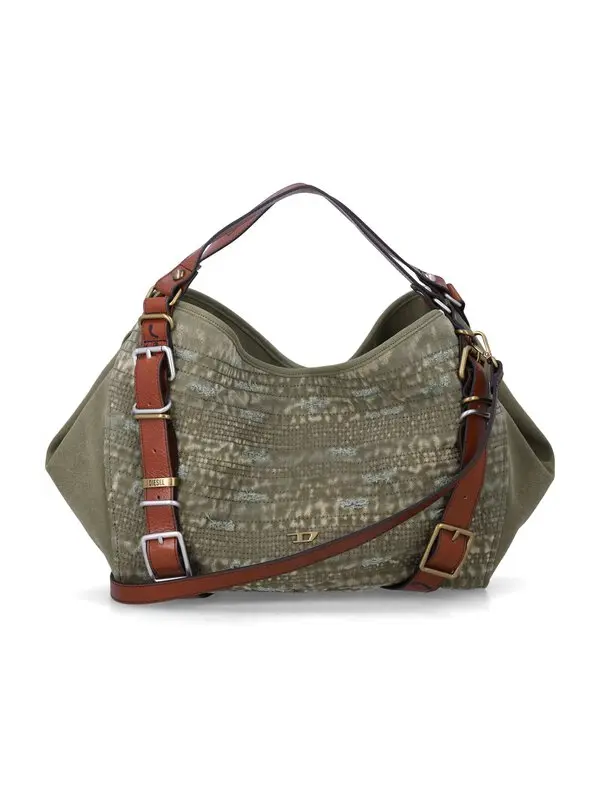 DIESEL® D-one Medium Handbag With Distressed Canvas, Leather Handles & Belt Straps - Verde