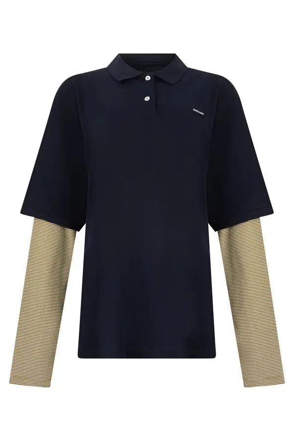 Miu Miu Double-layer Zip Polo Shirt With Embroidered Logo - Blue