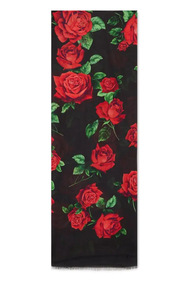 Dolce & Gabbana Stole In Blended Cashmere With Red Rose Floral Print & Fringed Edges - Multicolor