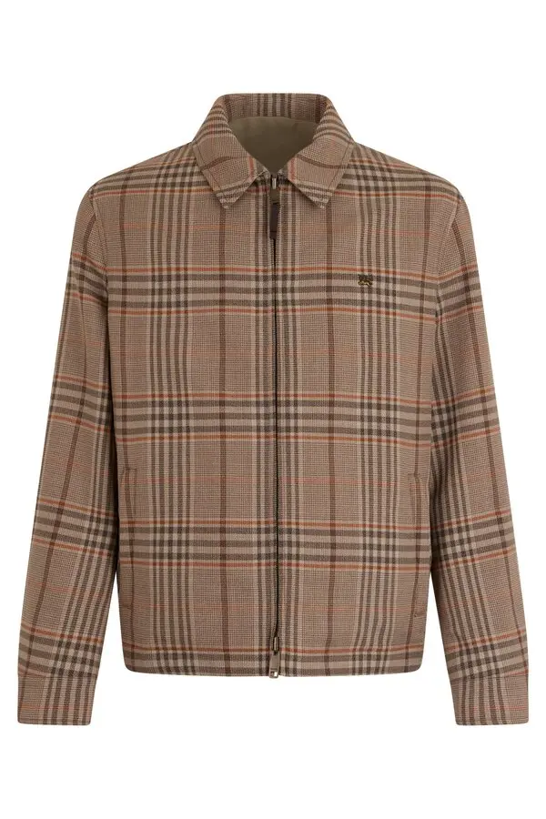 Burberry Checkered Wool Jacket With Front Zipper And Refined Collar - Beige