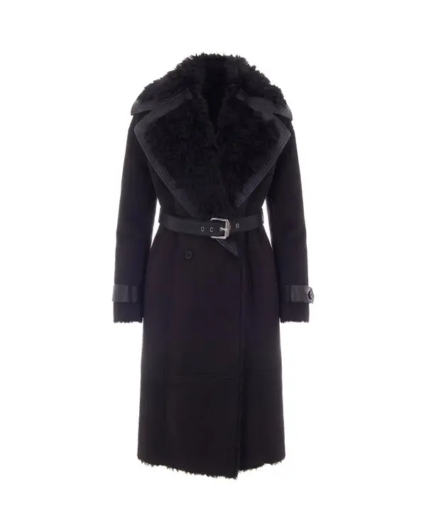 Patrizia Pepe Belted Long Coat With Faux Fur Collar