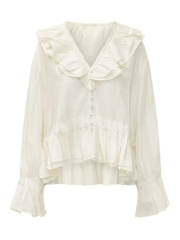 GANNI Habotai Frill Blouse - Egret