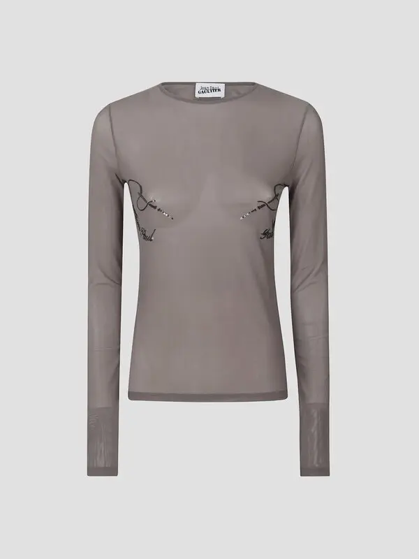 JEAN PAUL GAULTIER Long Sleeve Mesh Top With Embroidery - Darkgrey