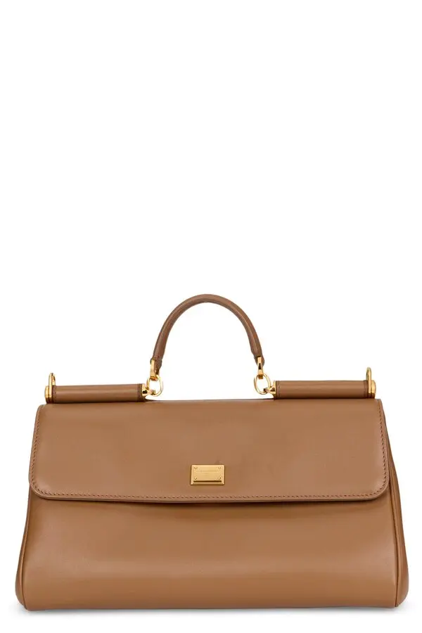 Dolce & Gabbana My Sicily Plongé Calf Leather Handbag With Tuck-in Closure And Adjustable Strap - Brown