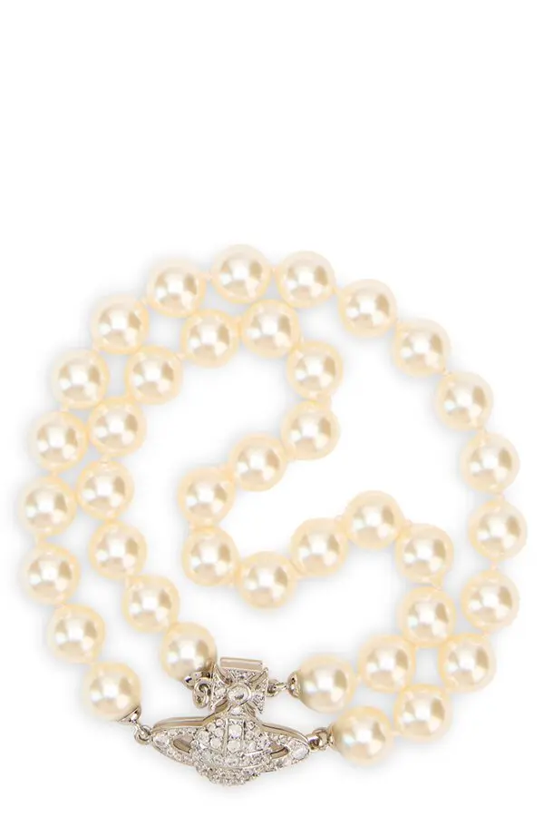 VIVIENNE WESTWOOD Double Row Pearl Bracelet With Metallic Logo - Panna