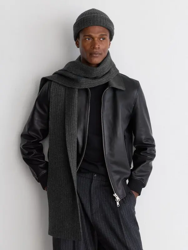 REISS Gs Hollis Gs Merino Wool-blend Rib-knit Scarf And Beanie Set - Charcoal Grey