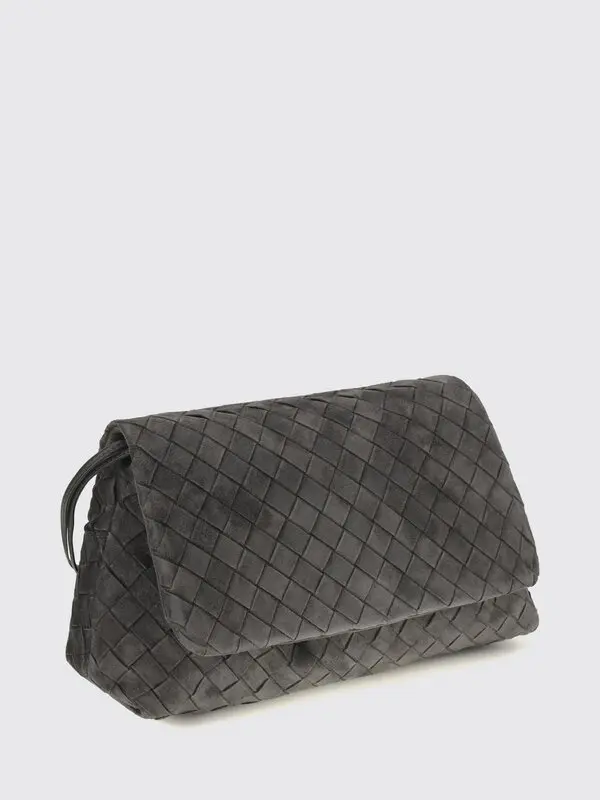 Bottega Veneta Giorno Woven Calfskin Shoulder Bag With Flap Closure - Gray
