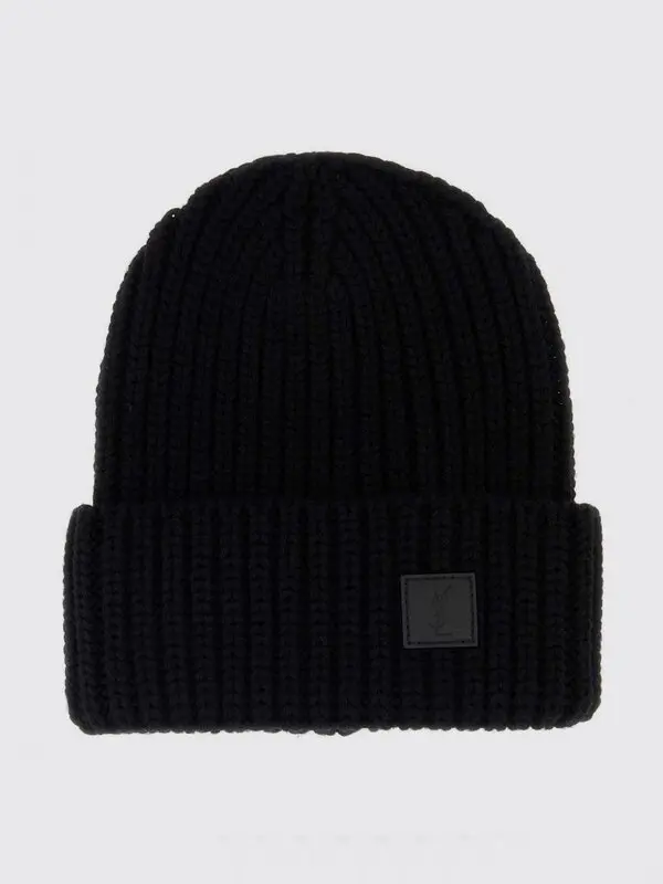Saint Laurent Ribbed Wool Beanie With Cuff And Monogram - Black