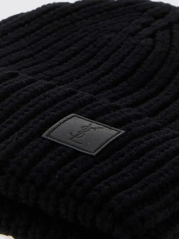 Saint Laurent Ribbed Wool Beanie With Cuff And Monogram - Black
