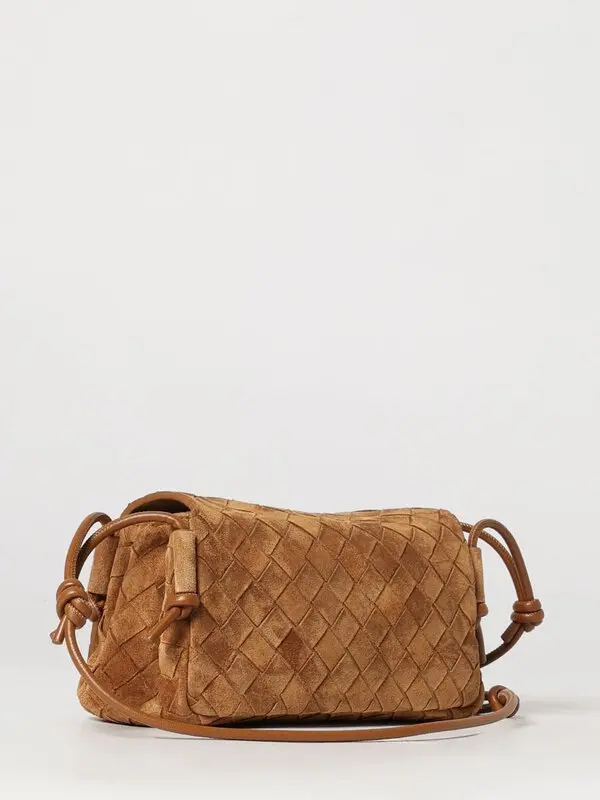 Bottega Veneta Notturno Intrecciato Suede Calfskin Shoulder Bag With Knotted Strap - Brown