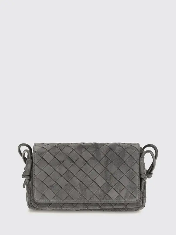 Bottega Veneta Notturno Intrecciato Suede Calfskin Shoulder Bag With Knotted Strap - Gray